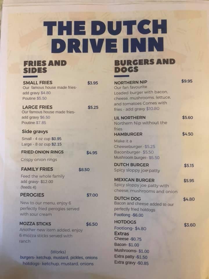 Menu at Dutch Drive Inn restaurant, The Pas