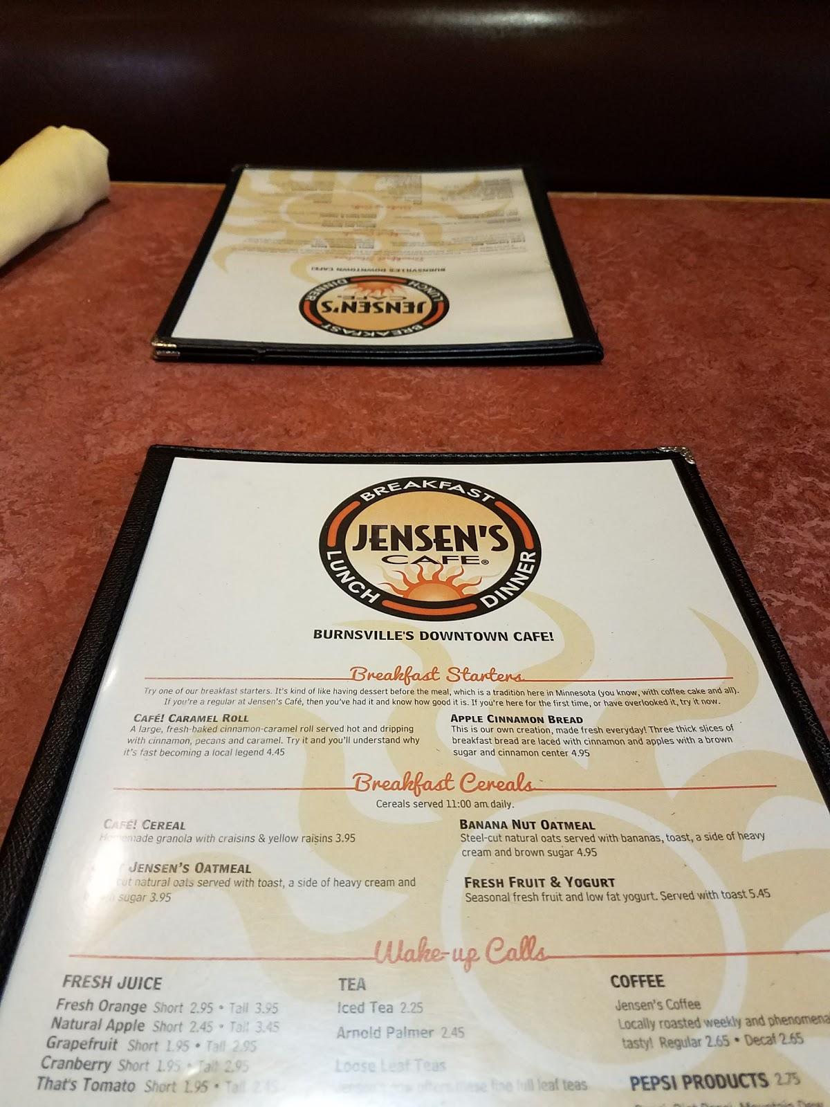 Menu at Jensen's Cafe, Burnsville