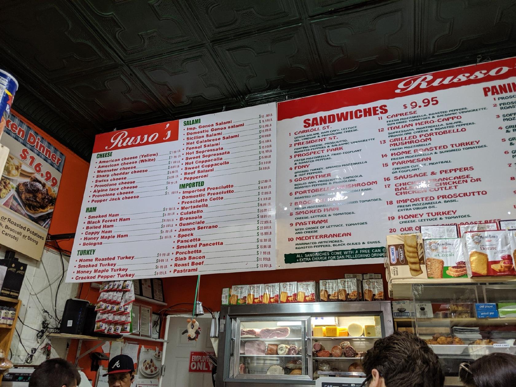 Menu at Russo's Mozzarella & Pasta fast food, New York City, 363 7th Ave