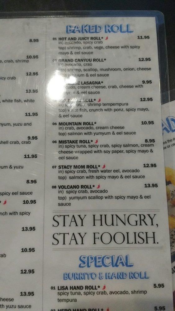 Menu at Sushi Hero restaurant, Las Vegas
