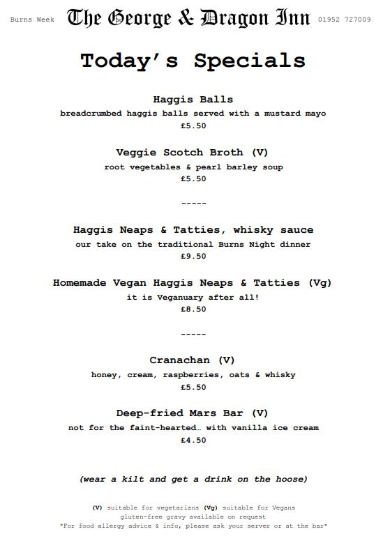 Menu at The George & Dragon Inn pub & bar, Much Wenlock