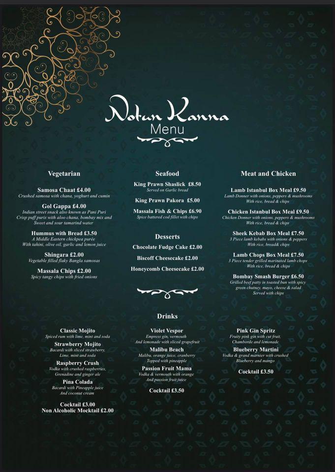 Menu at The Vedas restaurant, Todmorden