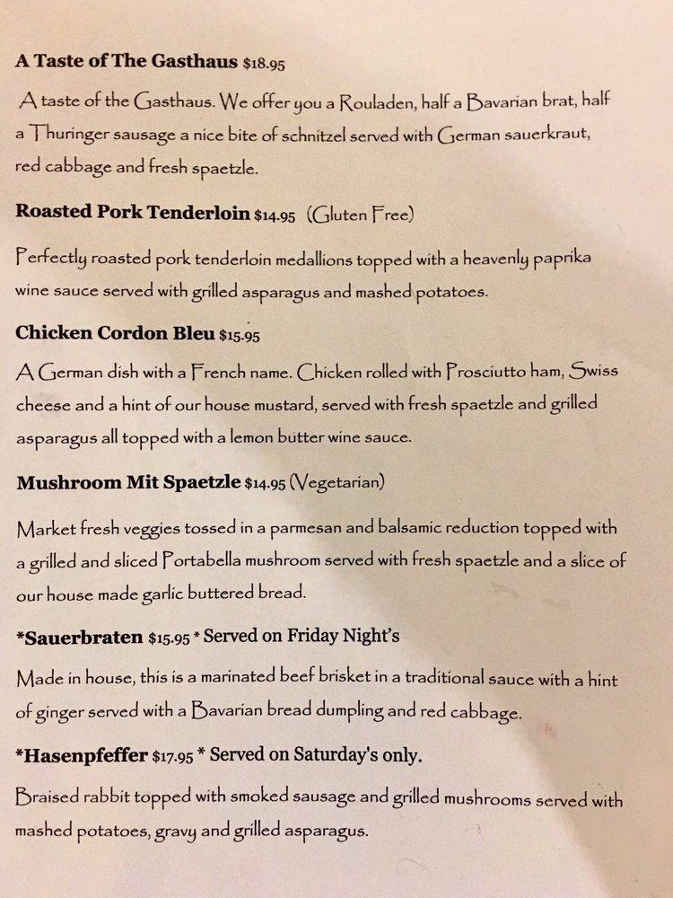 Menu at Weiss' Gasthaus German Restaurant, South Bend