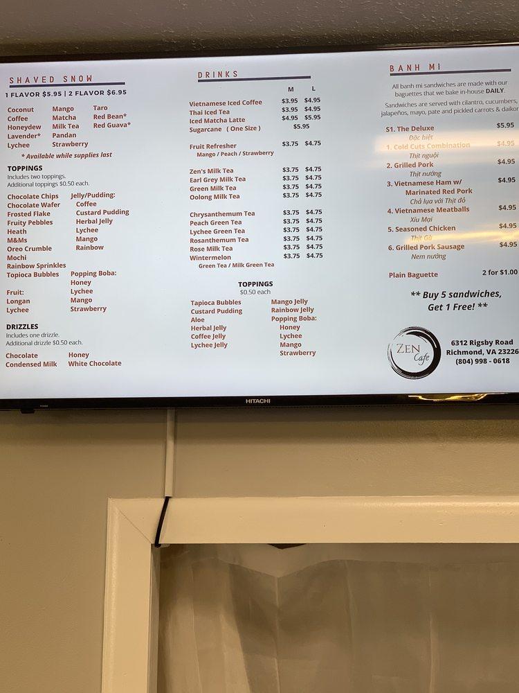 Menu at Zen Cafe, Richmond