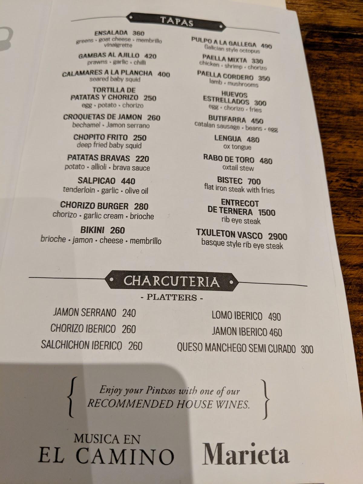 Menu at Bar Pintxos Salcedo, Makati