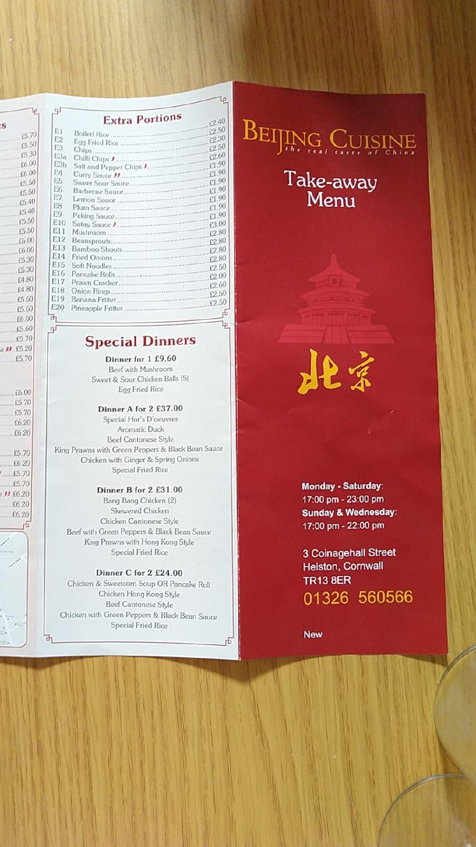 Menu at Beijing Cuisine pub & bar, Helston