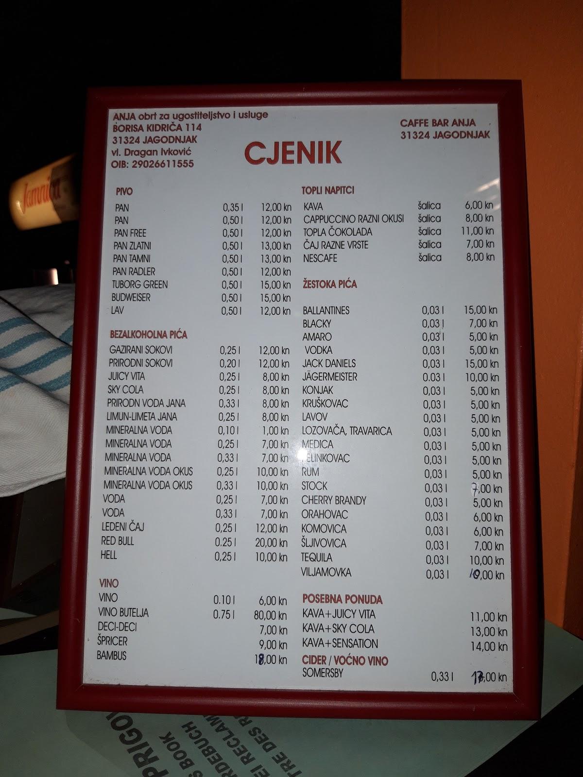 Menu at CAFFE BAR ANjA, Croatia, Ul. Borisa Kidriča 110-114