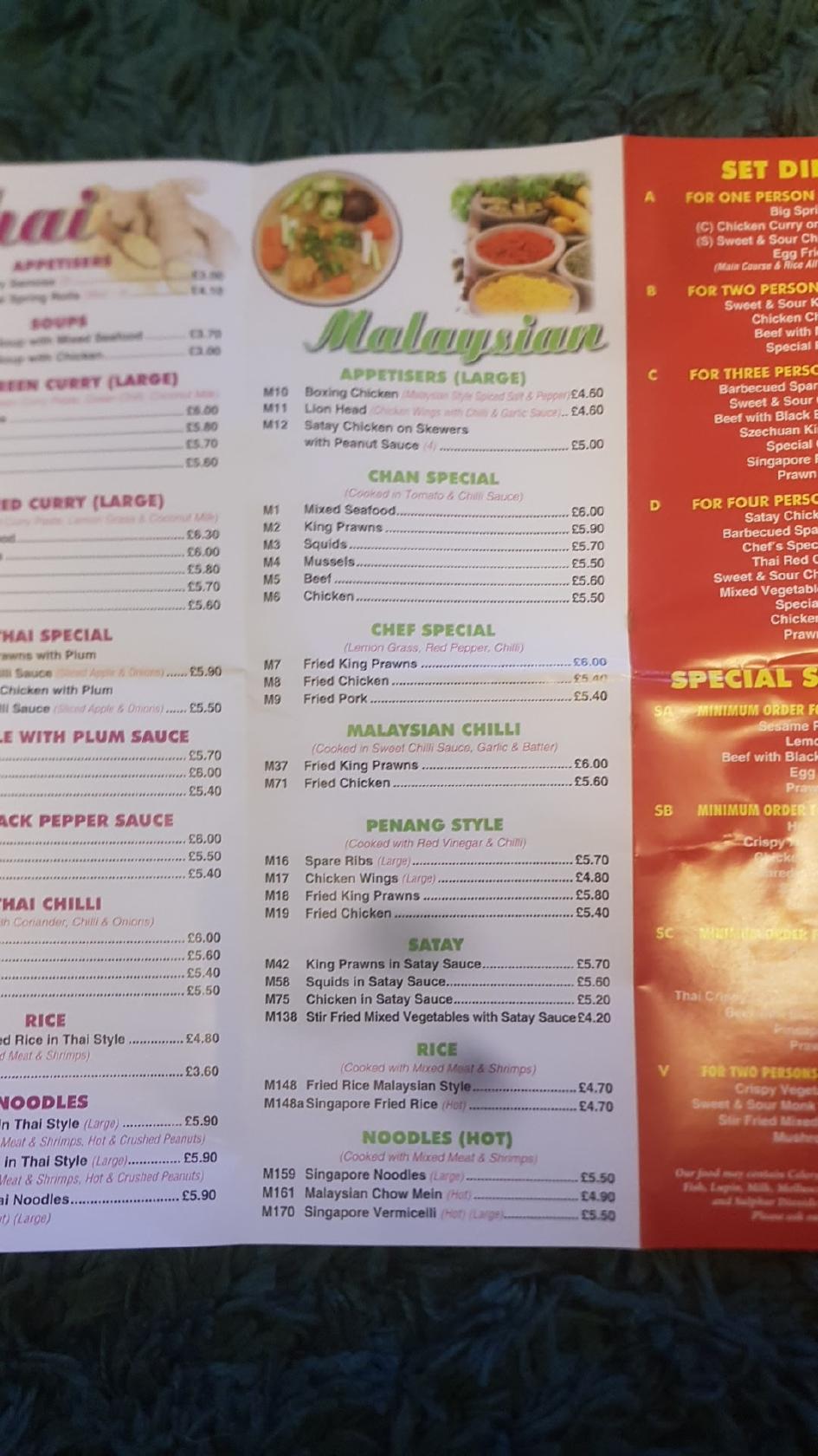 Menu at Chan Takeaway fast food, London, 91 Barnehurst Rd