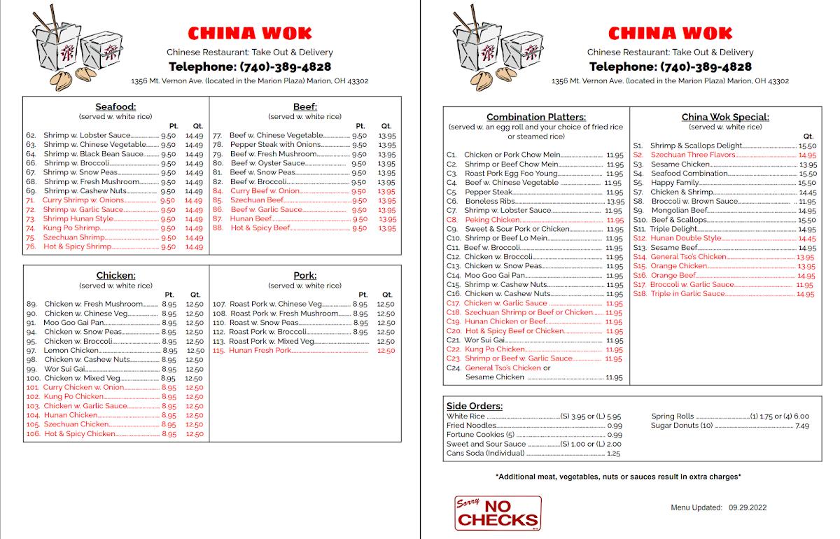 Menu at China Wok restaurant, Marion