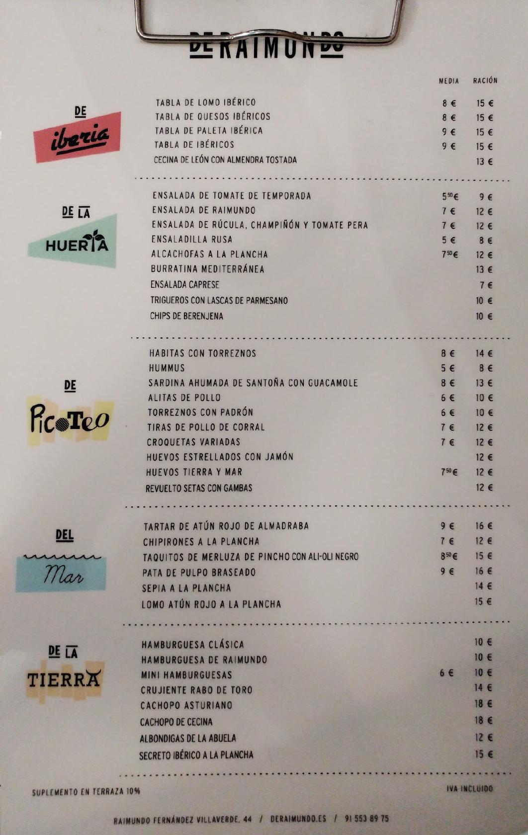 Carta de De Raimundo Restaurante, Madrid