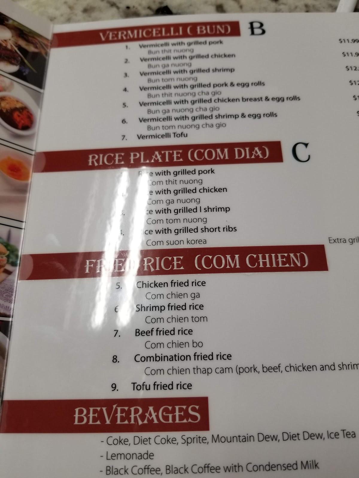 Menu at King Pho restaurant, Grand Forks
