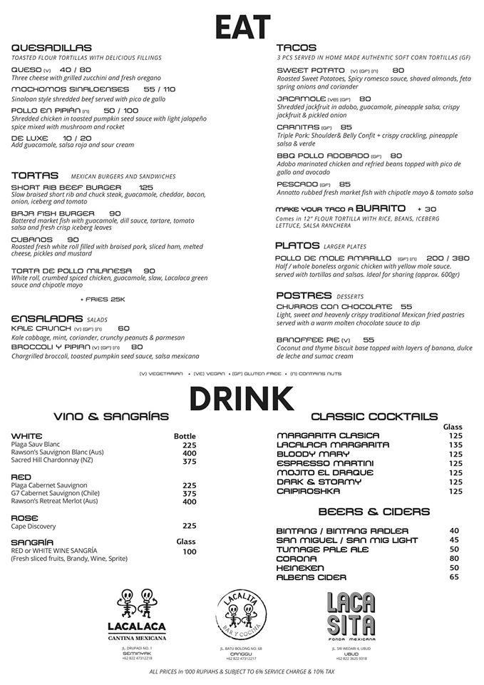 Menu at Lacalita Seminyak restaurant, Kuta