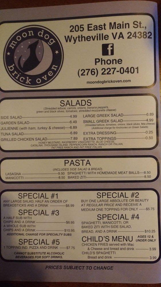 Menu at Moon Dog Brick Oven - Wytheville, VA pub & bar, Wytheville
