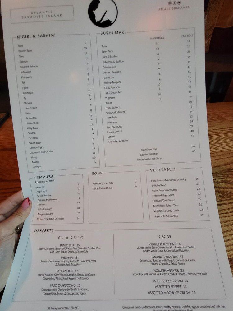 Menu at Nobu restaurant, Atlantis