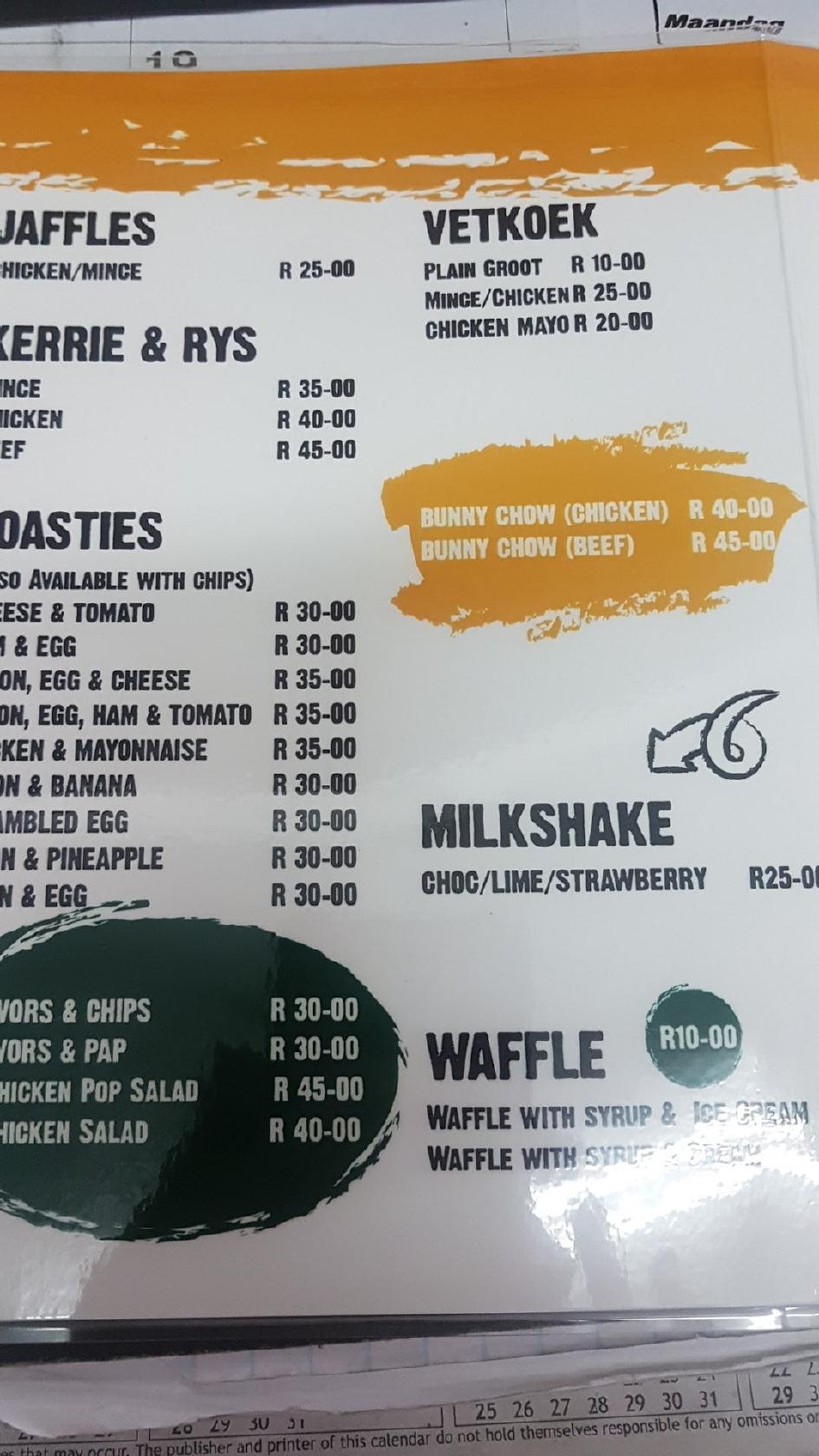 Menu at Oasis Cafe, Mossel Bay