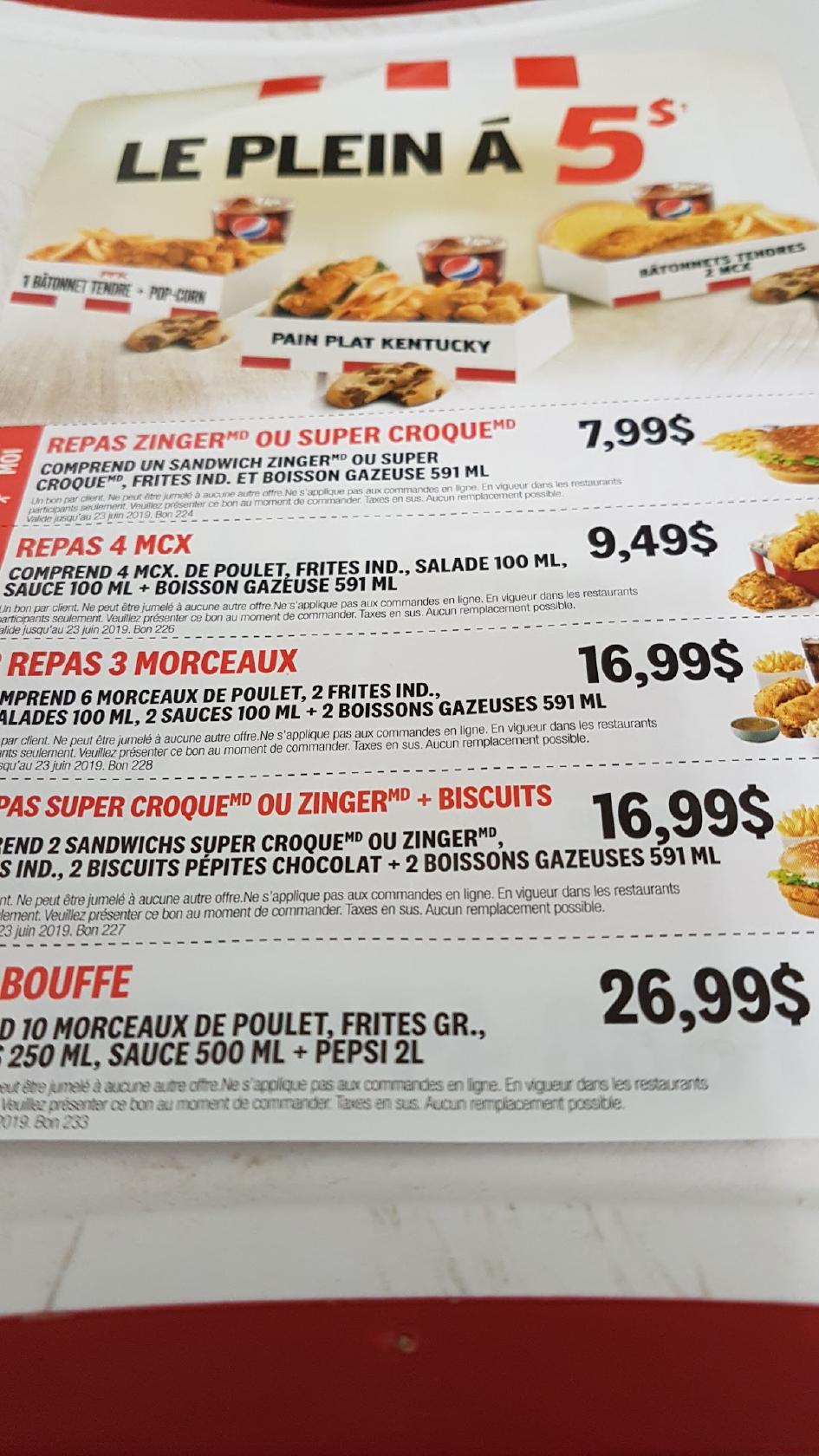 Menu au PFK fast food, Montréal, Sherbrooke St W