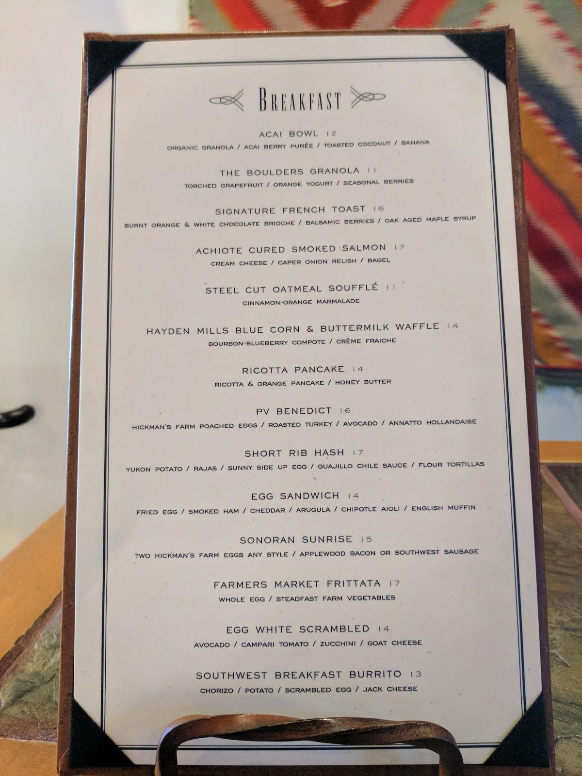 Menu at Palo Verde restaurant, Carefree