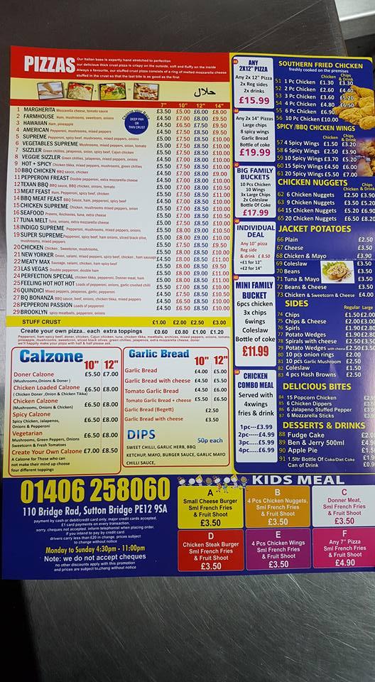 Menu at Pizza Perfection pizzeria, Sutton Bridge