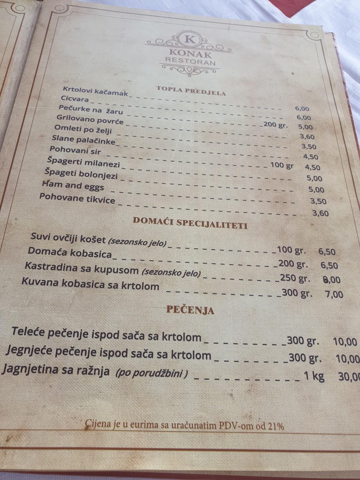 Menu at Restoran Konak restaurant, Cetinje