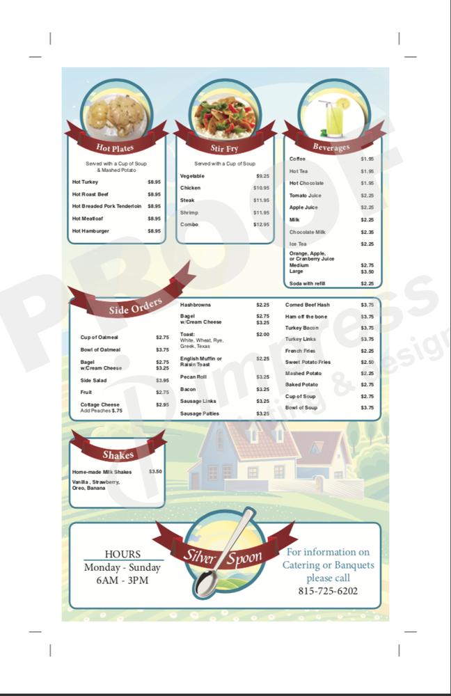 Menu at Silver Spoon restaurant, Joliet, W Jefferson St