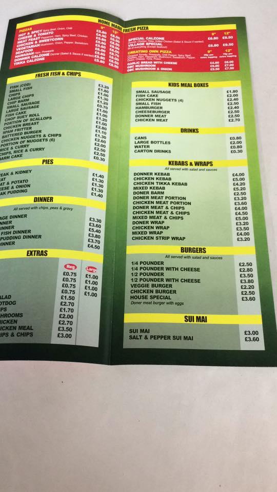 Menu at The Village Fryer fast food, Burtonwood