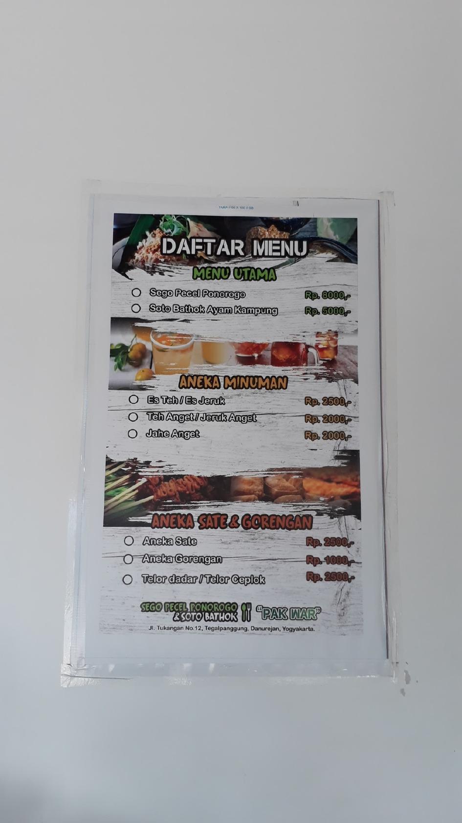 Menu at Warung Pak War restaurant, Yogyakarta