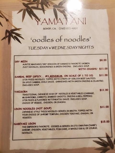 Menu at Yamatani Japanese Restaurant, Bishop