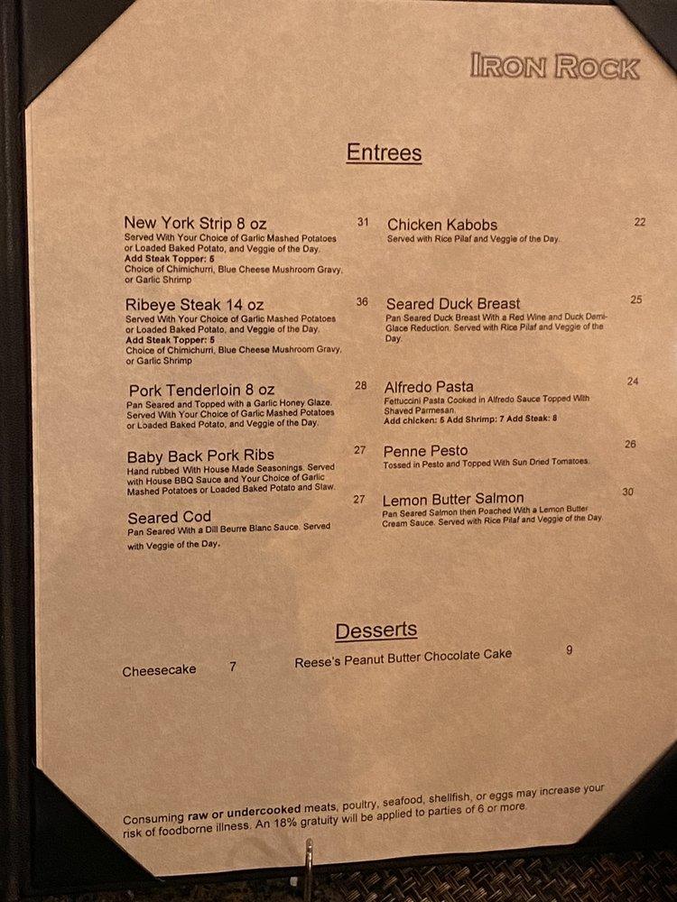 Menu at iron rock steakhouse, Brian Head