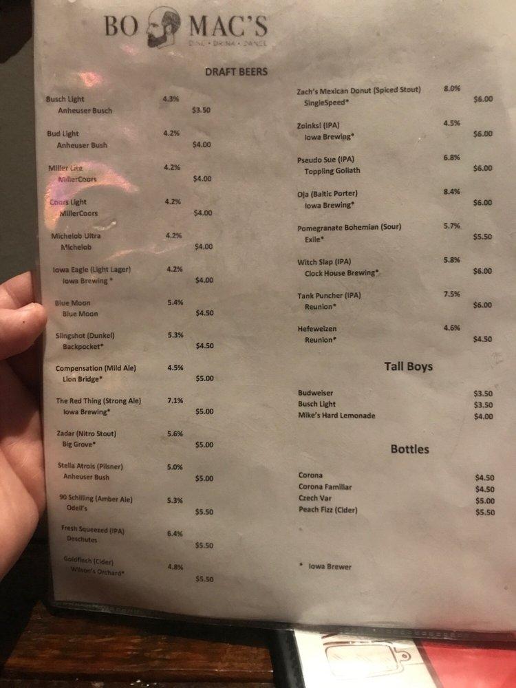 Menu at Bo Mac's pub & bar, Cedar Rapids