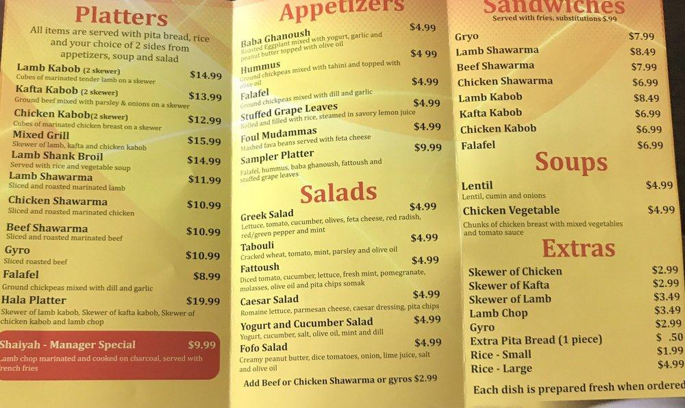 Menu at Hala Cafe, Euless