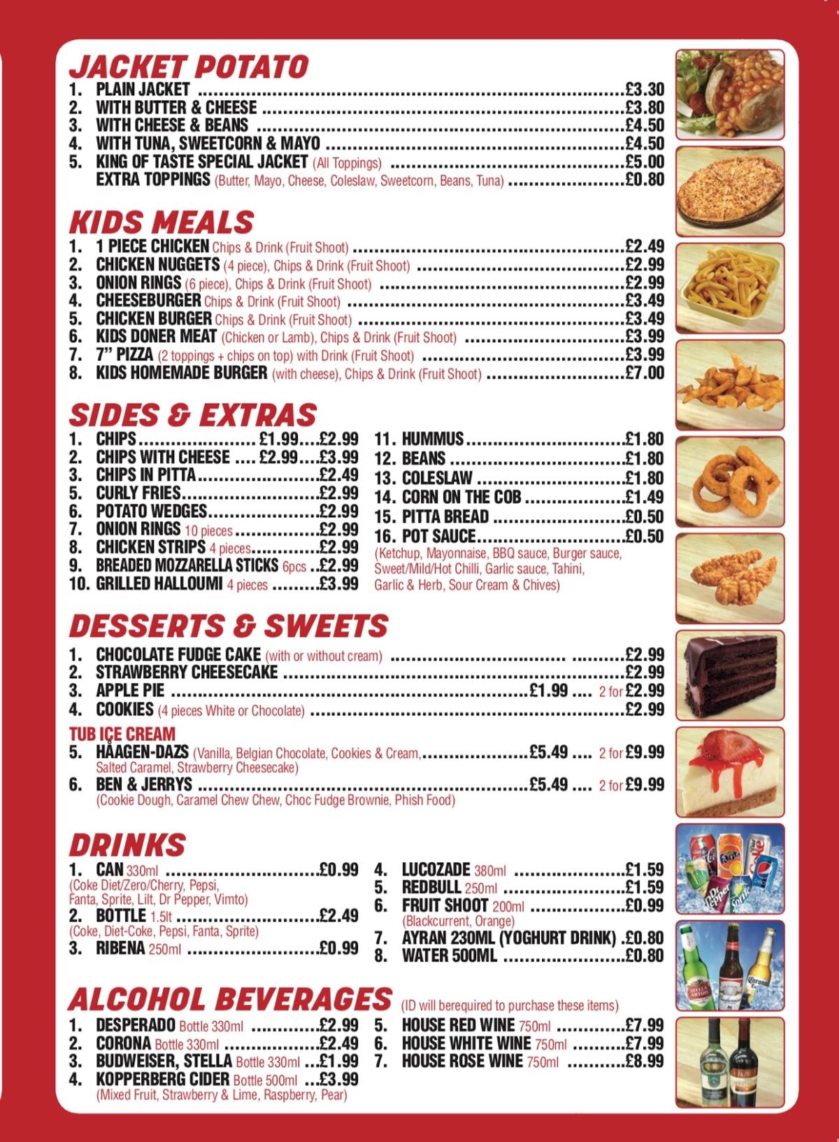 Menu at King of Taste pizzeria, Barnet