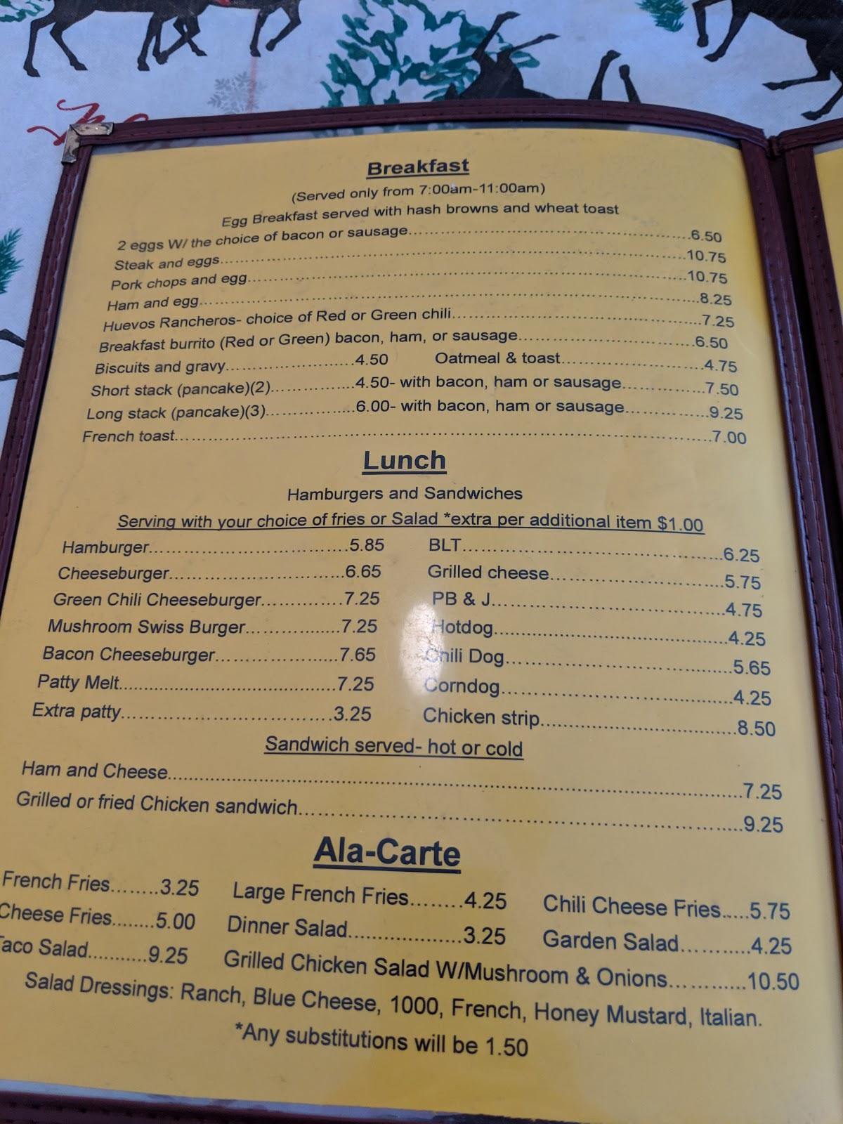 Menu at Stagecoach Cafe, Ramah, Bond St