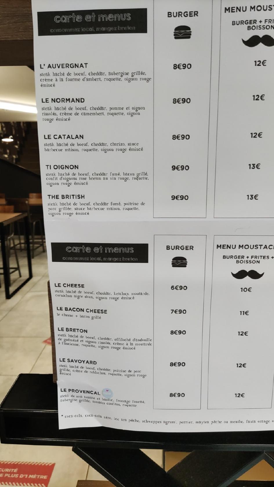 Menu au Burger Moustache restaurant, Quimper