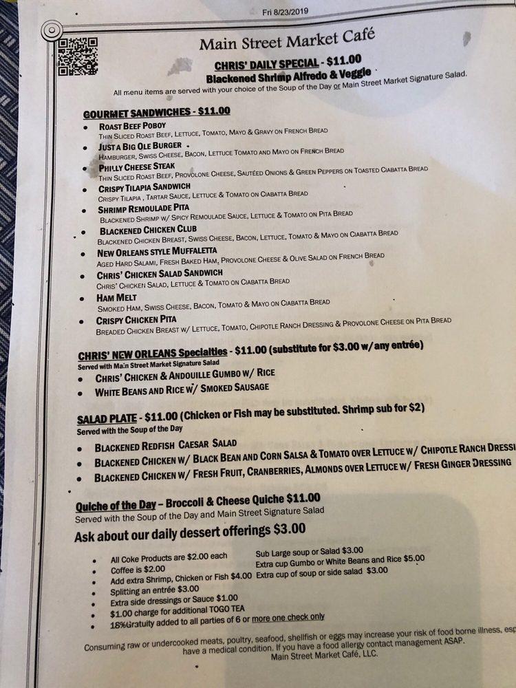Menu at Main Street Market cafe, Vicksburg