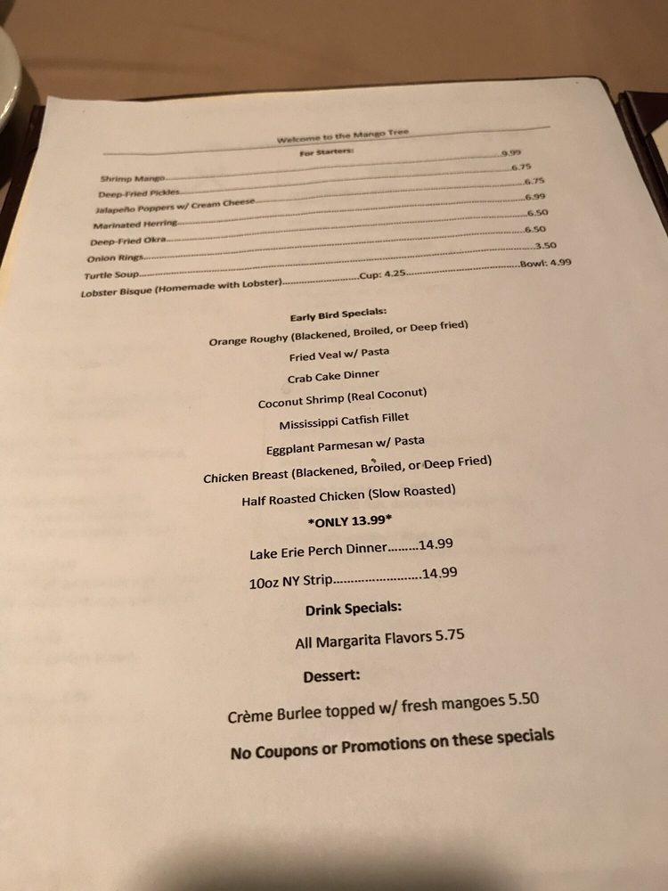 Menu at Mango Tree steakhouse, Toledo