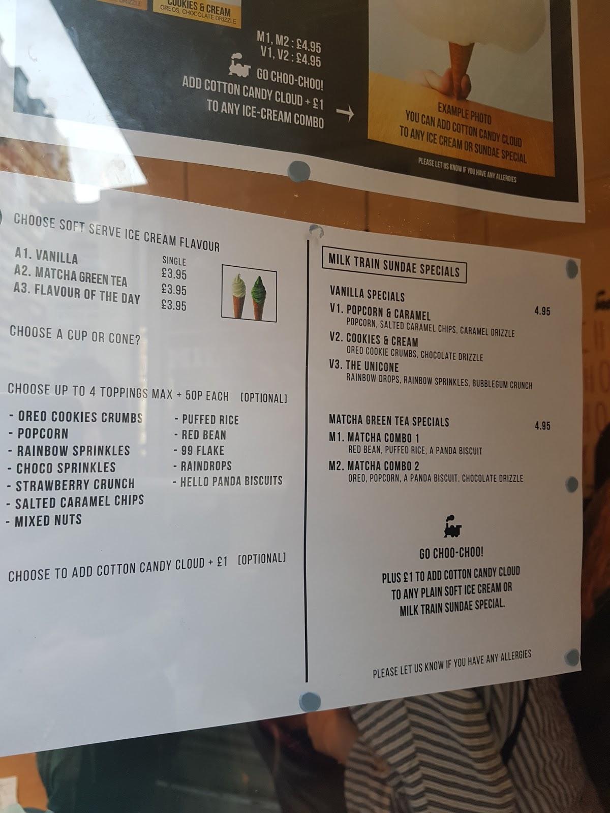 Menu at Milk Train desserts, London, 12 Tavistock St
