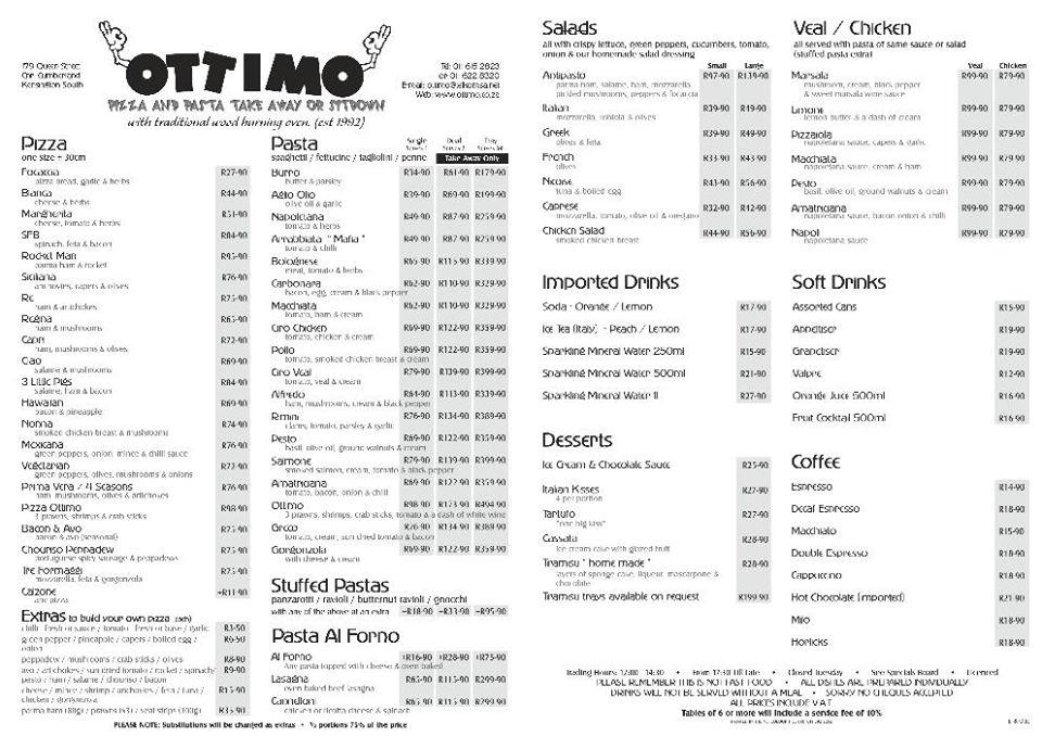 Menu at Ottimo restaurant, Johannesburg