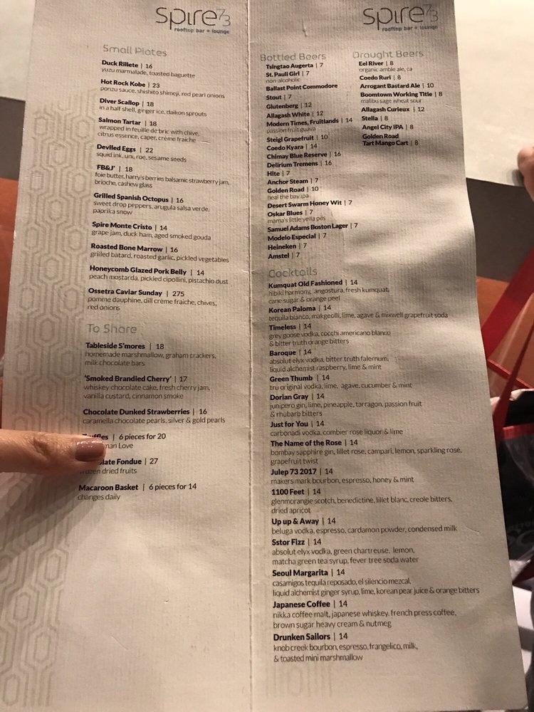 Menu at Spire 73 pub & bar, Los Angeles