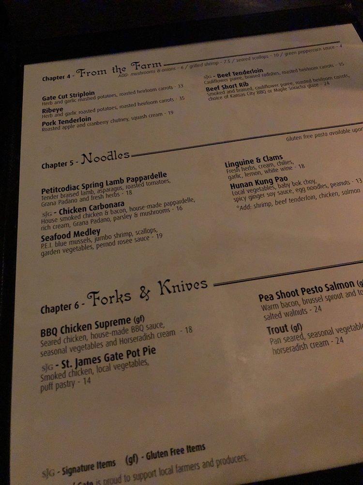 Menu at St. James' Gate steakhouse, Moncton, 14 Church St