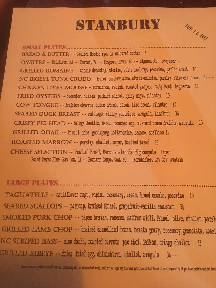 Menu at Stanbury restaurant, Raleigh