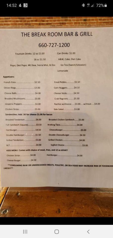 Menu at The Break Room Bar & Grill, Kahoka