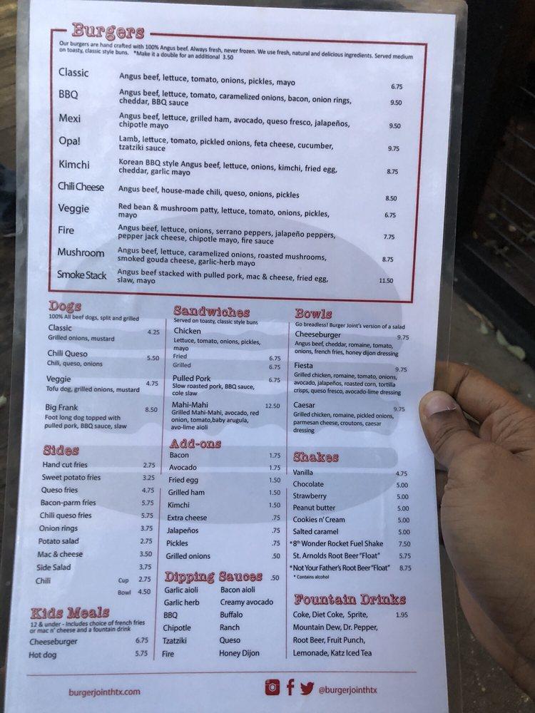 Menu at The Burger Joint restaurant, Houston, Montrose Blvd