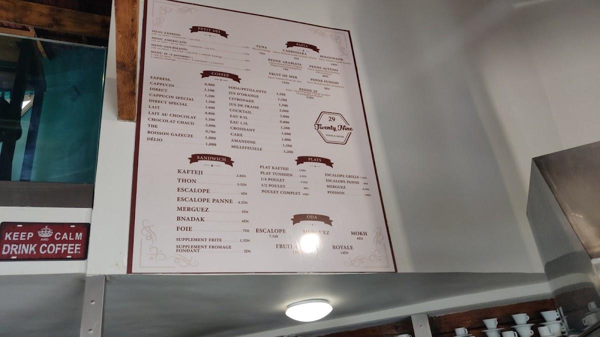 Menu at Twenty nine, Tunis
