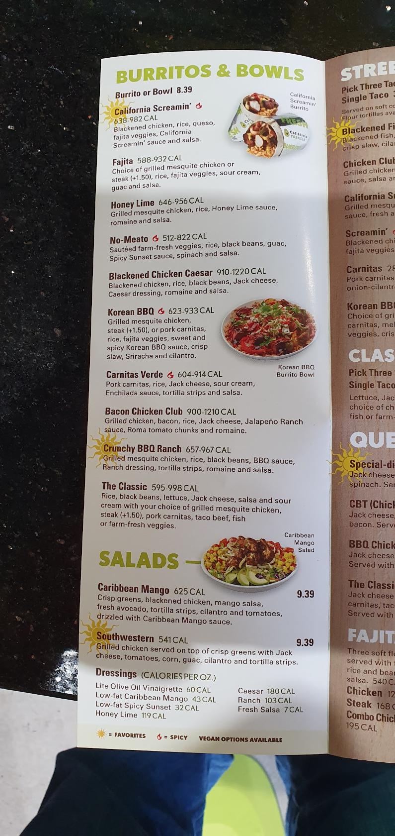 Menu at California Tortilla restaurant, Frederick, Kingfisher Dr #15