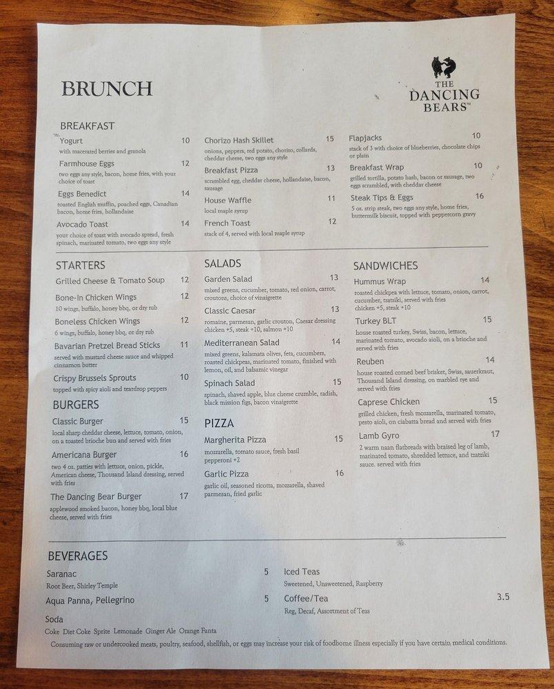 Menu at Dancing Bears Restaurant, Lake Placid, Main St