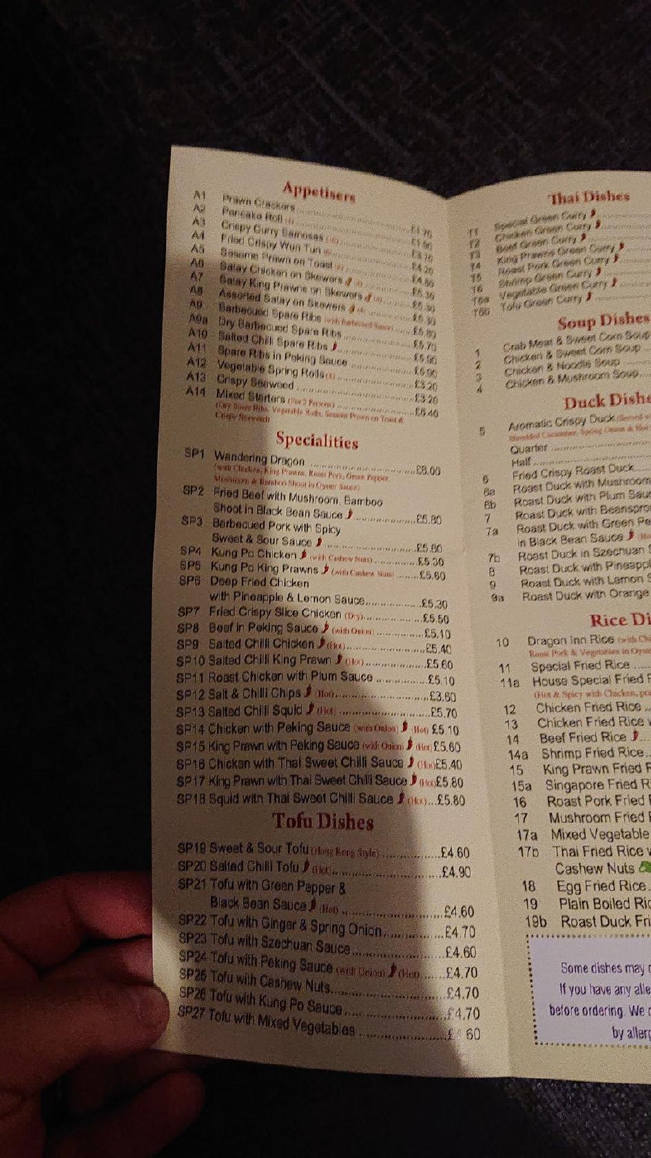 Menu at Dragon Inn fast food, Chatteris