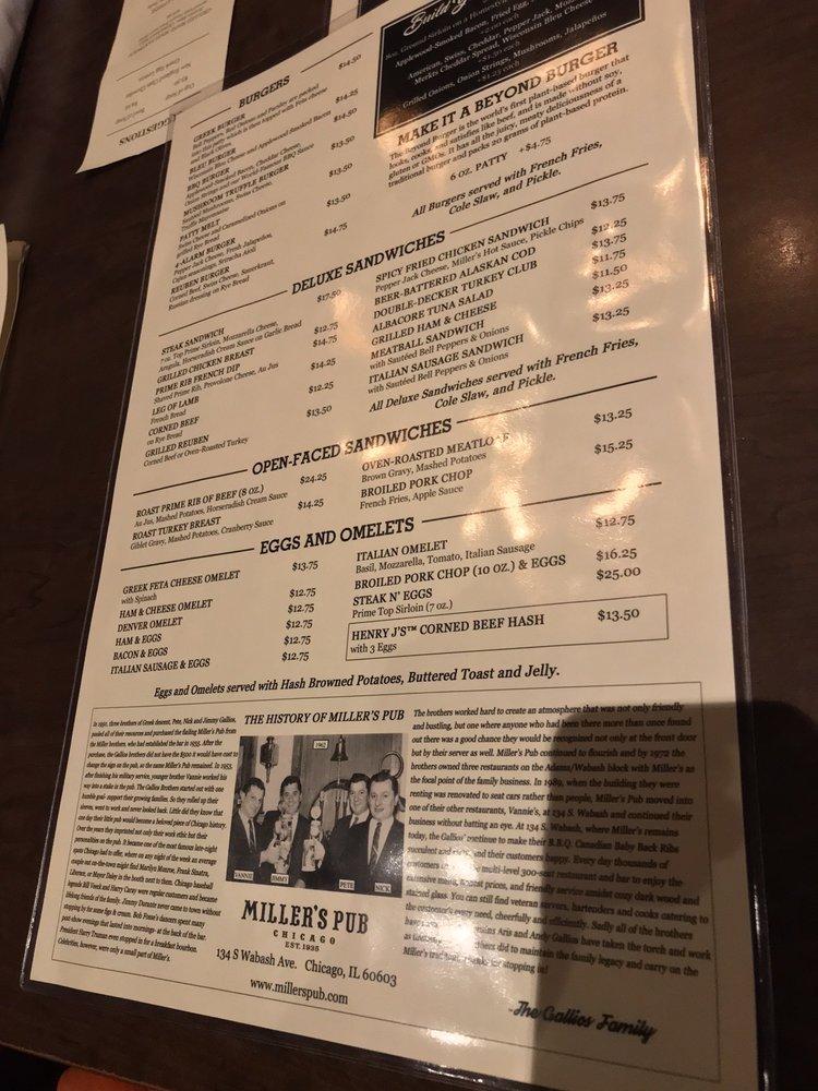 Menu at Miller's Pub, Chicago, 134 S Wabash Ave