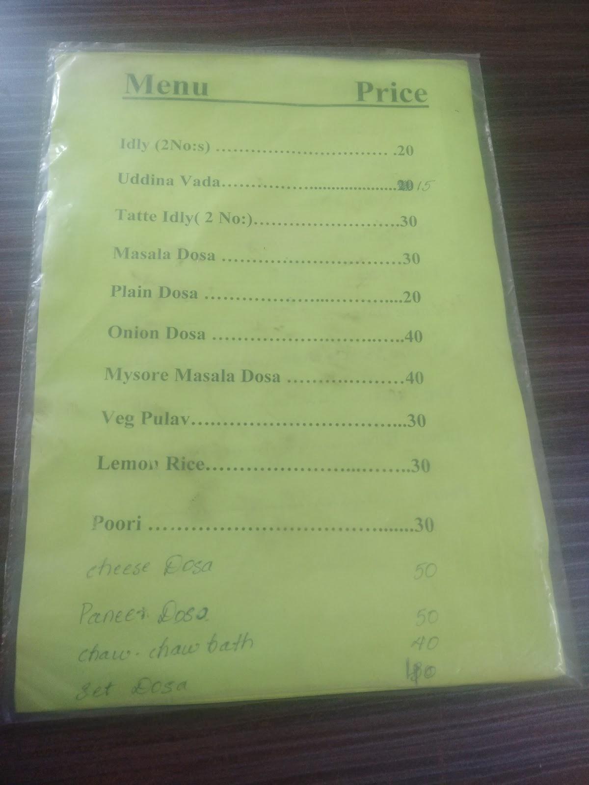 Menu at Mysore thindi mane, Bengaluru