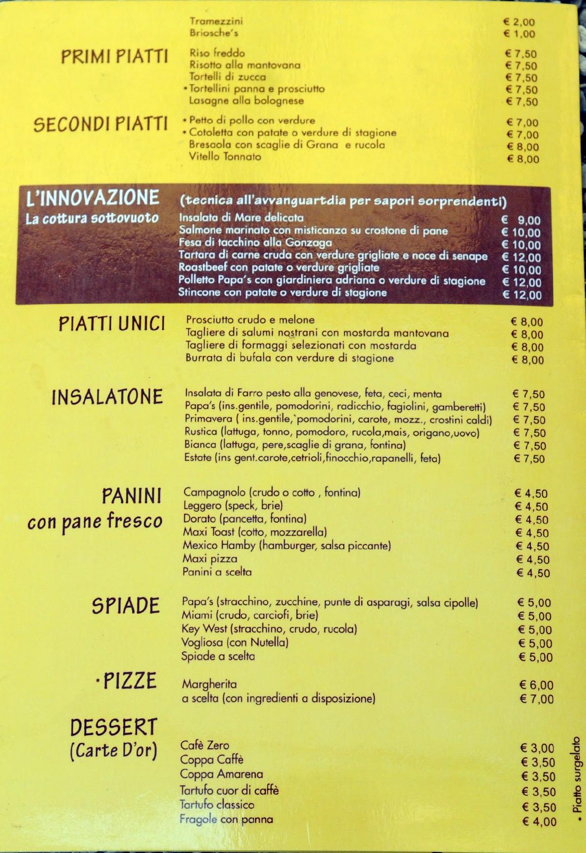 Menu at Papa's Cafè pub & bar, Mantua