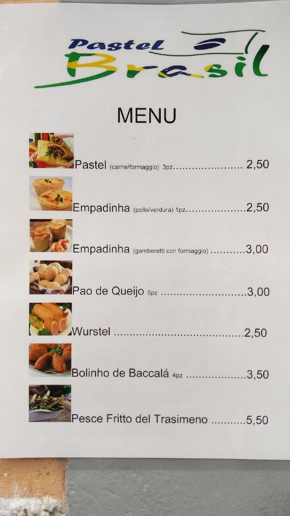 Menu at Pastel Brasil restaurant, Perugia